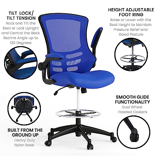 Flash Furniture Kelista Mid-Back Swivel Office Chair with Adjustable Seat Height, Ergonomic Mesh Desk Chair with Flip-Up Armrests, Blue