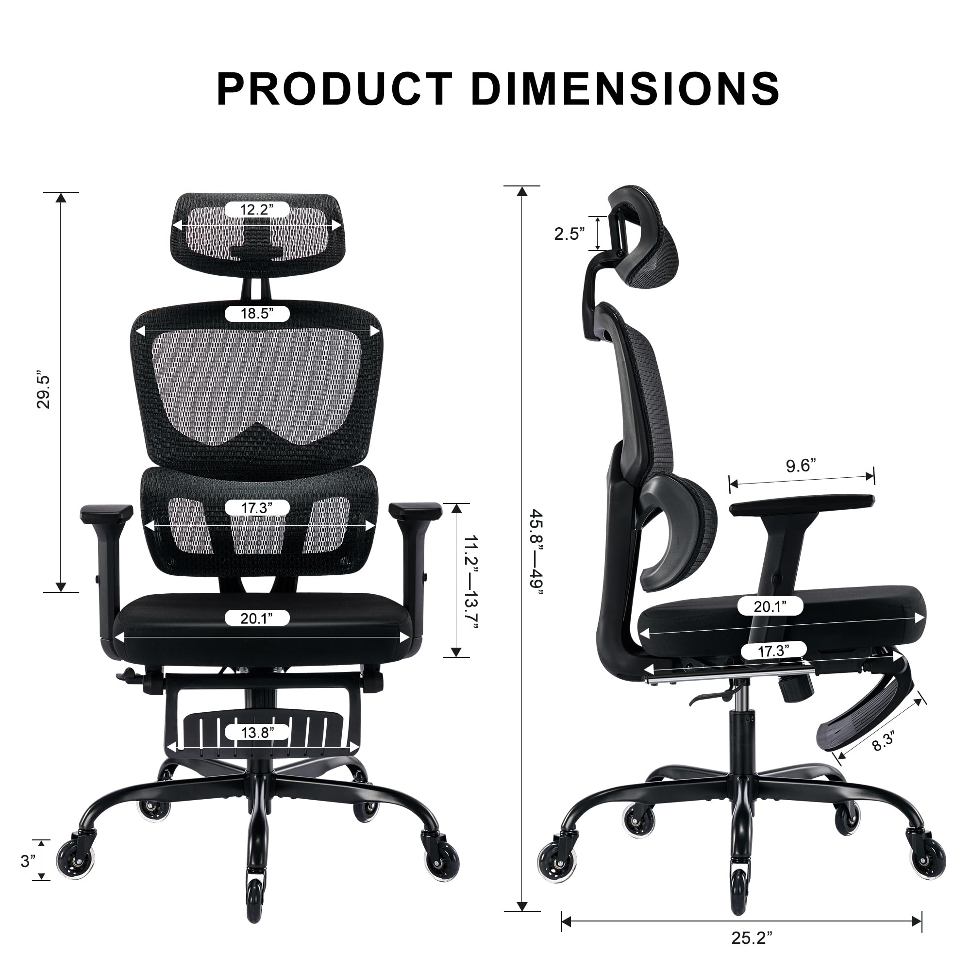 DOXACEF Ergonomic Office Chair with Footrest Lumbar Support High Back Desk Chair Mesh Computer Chair with Adjustable 3D Armrest Breathable for Adults Reclining Chair (Black)