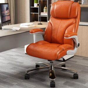 sucrever executive desk chair, big and tall home office chairs for heavy people 400lbs wide seat, high back executive office chair with adjustable flip up arm, orange leather computer desk chair