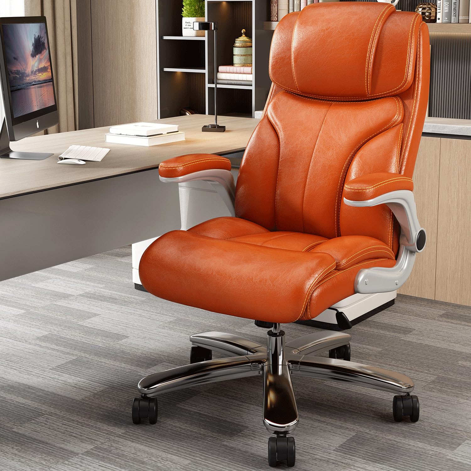 Sucrever Executive Desk Chair, Big and Tall Home Office Chairs for Heavy People 400lbs Wide Seat, High Back Executive Office Chair with Adjustable Flip up Arm, Orange Leather Computer Desk Chair