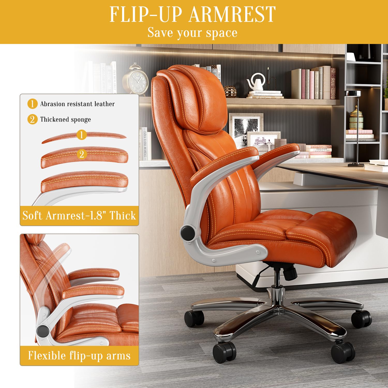 Sucrever Executive Desk Chair, Big and Tall Home Office Chairs for Heavy People 400lbs Wide Seat, High Back Executive Office Chair with Adjustable Flip up Arm, Orange Leather Computer Desk Chair