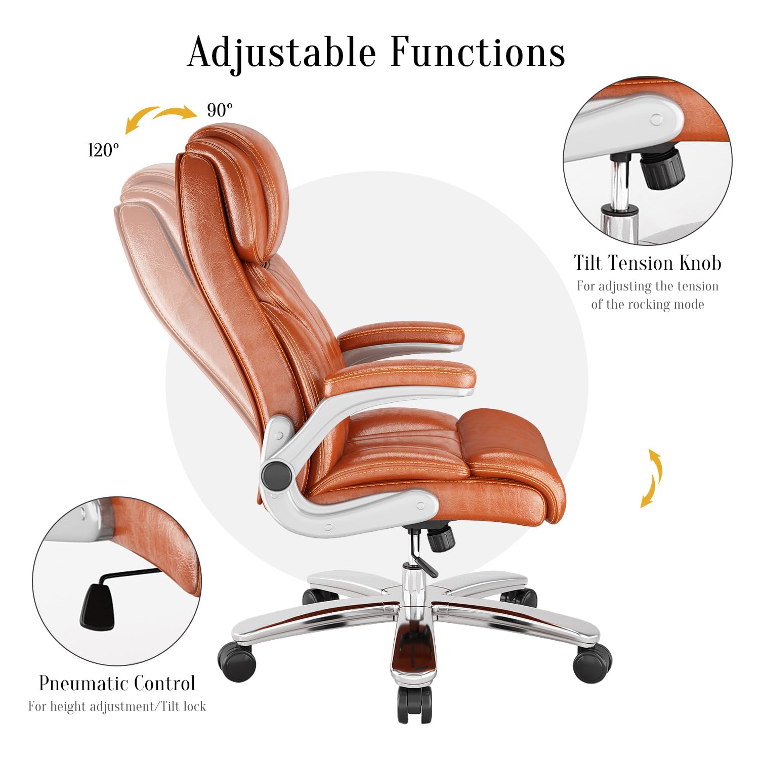 Sucrever Executive Desk Chair, Big and Tall Home Office Chairs for Heavy People 400lbs Wide Seat, High Back Executive Office Chair with Adjustable Flip up Arm, Orange Leather Computer Desk Chair