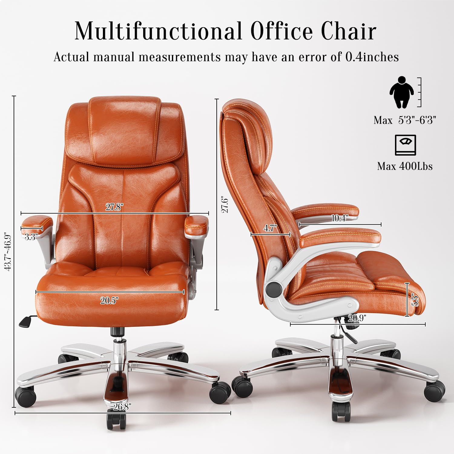 Sucrever Executive Desk Chair, Big and Tall Home Office Chairs for Heavy People 400lbs Wide Seat, High Back Executive Office Chair with Adjustable Flip up Arm, Orange Leather Computer Desk Chair