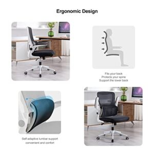 Office Chair Height-Adjustable Ergonomic Desk Chair with Self-adaptive Lumbar Support, Breathable Mesh Computer Chair High Back Swivel Task Chair with Flip-up Armrests - White