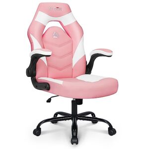 n-gen video gaming computer chair ergonomic office chair desk chair with lumbar support flip up arms adjustable height swivel pu leather executive with wheels for adults women men (pink)