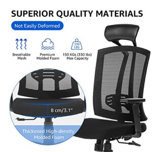 MASTERY MART Ergonomic Office Chair, High Back Mesh Desk Chair with Adjustable Headrest and Backrest, Lumbar Support, Thick Seat Cushion, Swivel Executive Task Computer Chair for Work, Home, Gaming