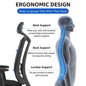 MASTERY MART Ergonomic Office Chair, High Back Mesh Desk Chair with Adjustable Headrest and Backrest, Lumbar Support, Thick Seat Cushion, Swivel Executive Task Computer Chair for Work, Home, Gaming