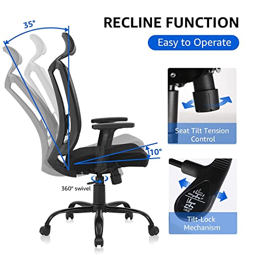 MASTERY MART Ergonomic Office Chair, High Back Mesh Desk Chair with Adjustable Headrest and Backrest, Lumbar Support, Thick Seat Cushion, Swivel Executive Task Computer Chair for Work, Home, Gaming