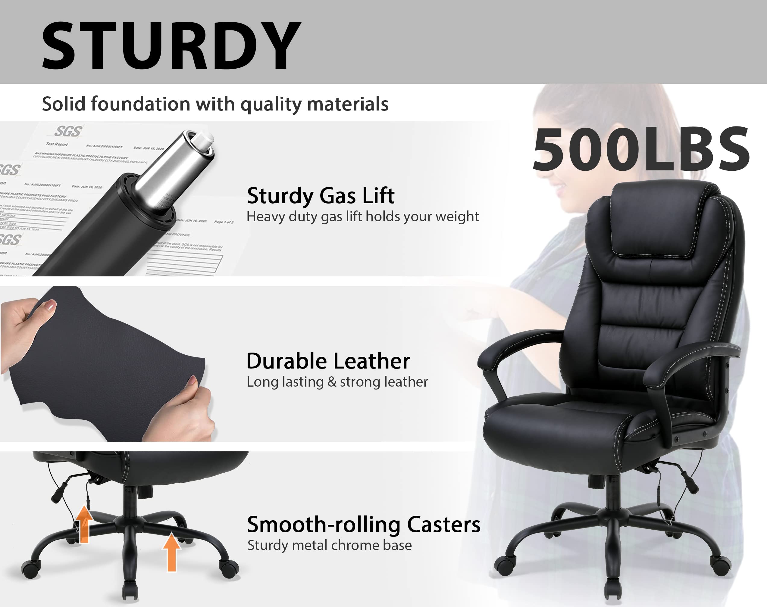 500 LBS Ergonomic Executive Office Chair, High Back Desk Chair with Massage Lumbar Support, Swivel Rocking Chair Computer Desk Chair with Padded Armrest and Adjustable Height, Black