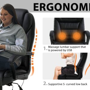 500 LBS Ergonomic Executive Office Chair, High Back Desk Chair with Massage Lumbar Support, Swivel Rocking Chair Computer Desk Chair with Padded Armrest and Adjustable Height, Black