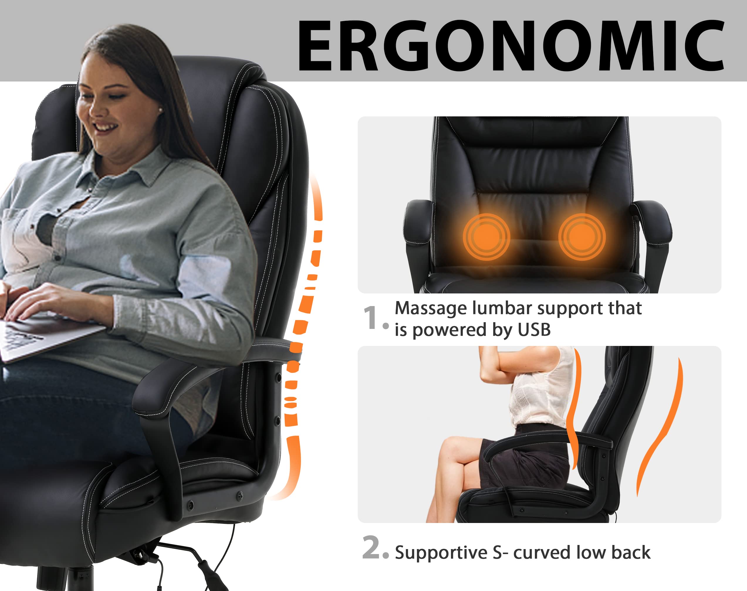 500 LBS Ergonomic Executive Office Chair, High Back Desk Chair with Massage Lumbar Support, Swivel Rocking Chair Computer Desk Chair with Padded Armrest and Adjustable Height, Black