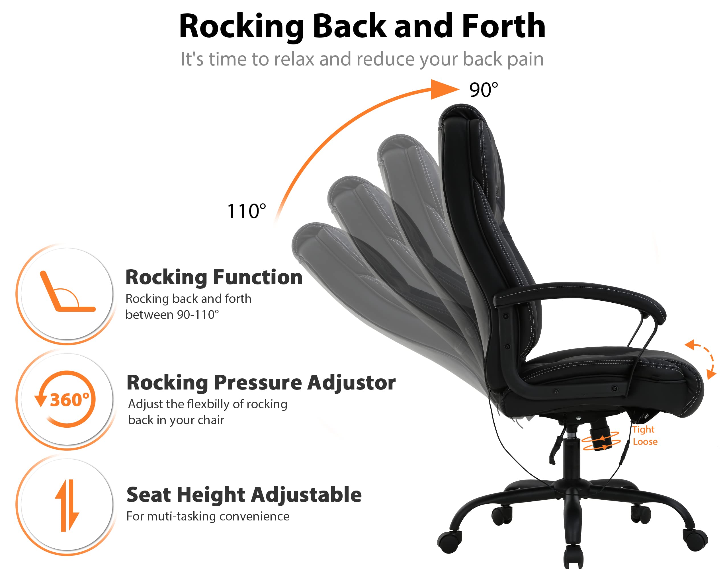 500 LBS Ergonomic Executive Office Chair, High Back Desk Chair with Massage Lumbar Support, Swivel Rocking Chair Computer Desk Chair with Padded Armrest and Adjustable Height, Black