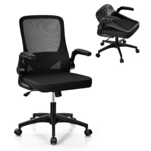 giantex ergonomic office chair w/foldable backrest, mid back mesh chair with lumbar support, flip up arms, swivel rolling executive task chair computer desk chair for home meeting room (black)