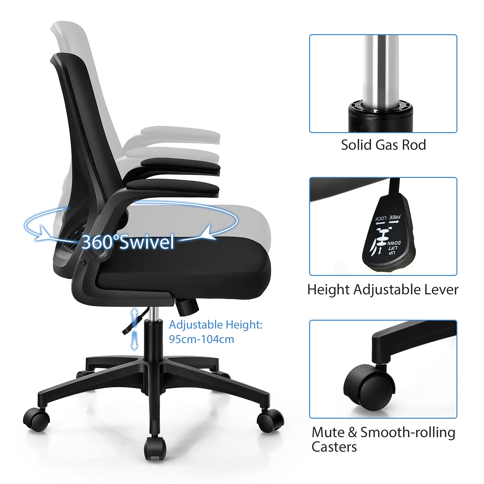 Giantex Ergonomic Office Chair w/Foldable Backrest, Mid Back Mesh Chair with Lumbar Support, Flip up Arms, Swivel Rolling Executive Task Chair Computer Desk Chair for Home Meeting Room (Black)