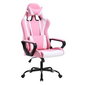 gaming chair high back ergonomic leather office chair adjustable swivel desk chair reclining racing pc computer chair with lumbar support and headrest for back pain adults teens（pink）