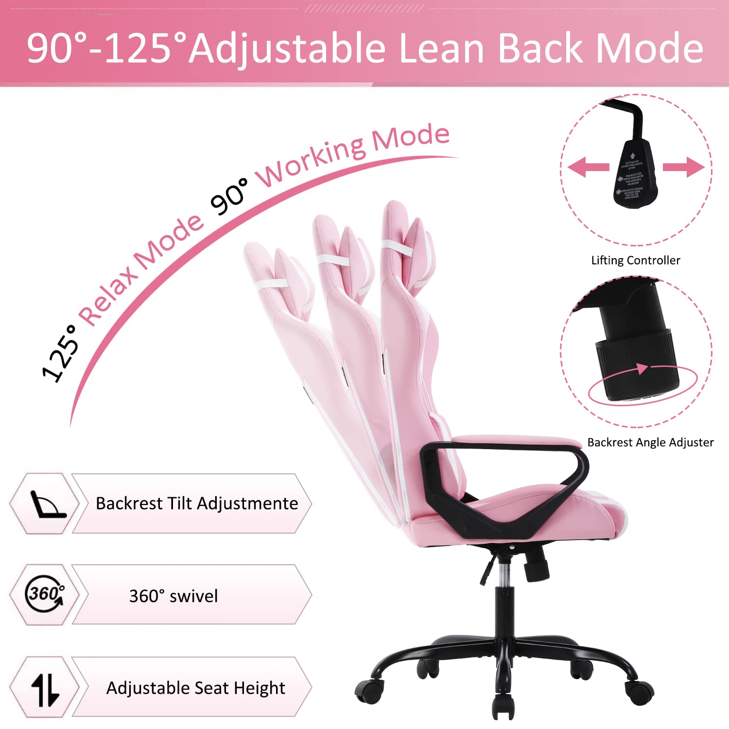 Gaming Chair High Back Ergonomic Leather Office Chair Adjustable Swivel Desk Chair Reclining Racing PC Computer Chair with Lumbar Support and Headrest for Back Pain Adults Teens（Pink）