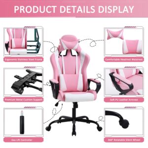 Gaming Chair High Back Ergonomic Leather Office Chair Adjustable Swivel Desk Chair Reclining Racing PC Computer Chair with Lumbar Support and Headrest for Back Pain Adults Teens（Pink）