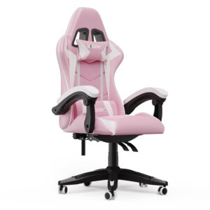 bigzzia pink gaming chair, reclining high back pu leather office desk chair with headrest and lumbar support, adjustable swivel rolling video game chairs ergonomic racing computer chair