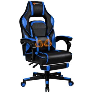 goplus massage gaming chair, reclining backrest, seat height adjustment racing computer office chair with footrest, ergonomic high back pu swivel game chair (blue)