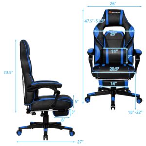 Goplus Massage Gaming Chair, Reclining Backrest, Seat Height Adjustment Racing Computer Office Chair with Footrest, Ergonomic High Back PU Swivel Game Chair (Blue)