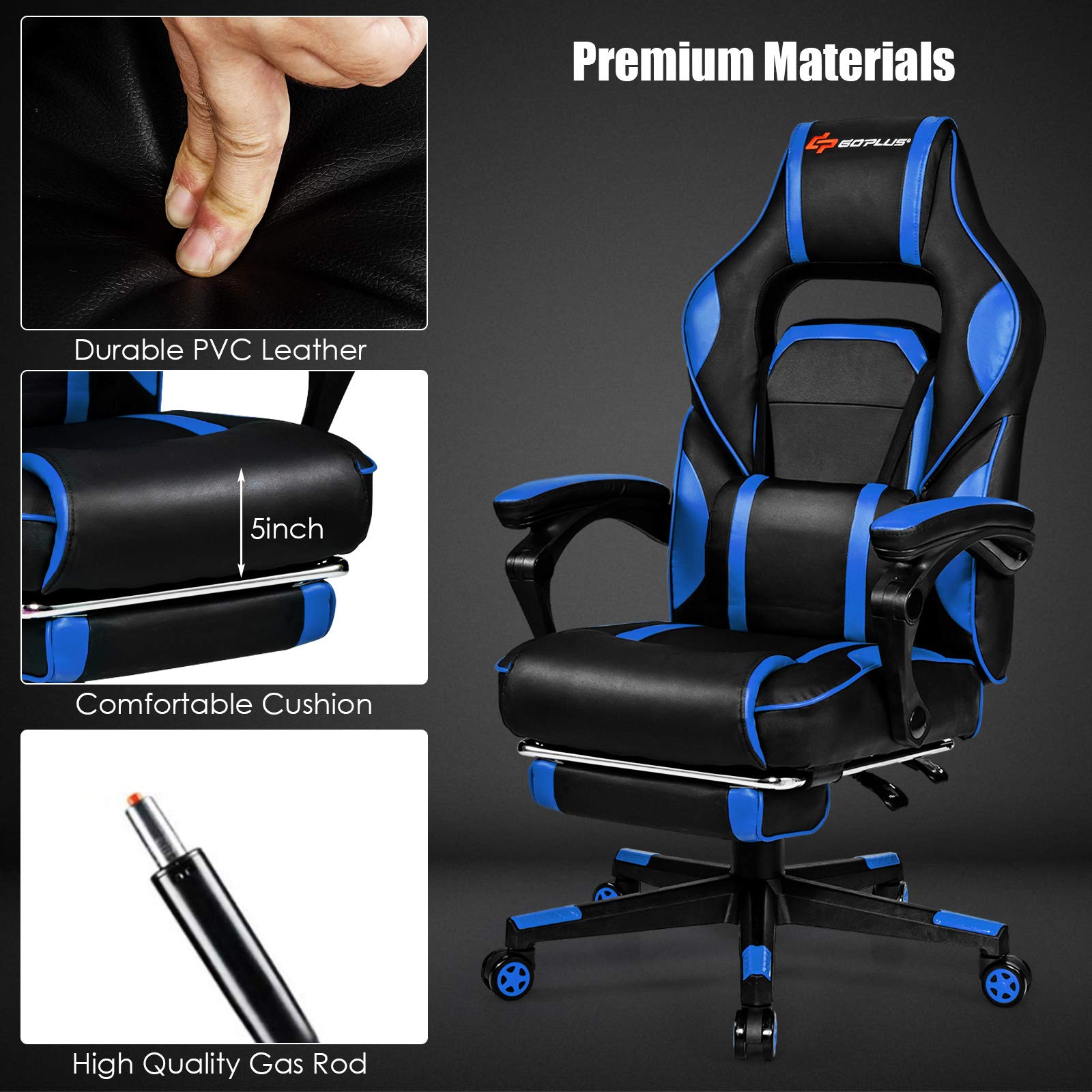 Goplus Massage Gaming Chair, Reclining Backrest, Seat Height Adjustment Racing Computer Office Chair with Footrest, Ergonomic High Back PU Swivel Game Chair (Blue)