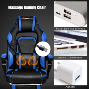 Goplus Massage Gaming Chair, Reclining Backrest, Seat Height Adjustment Racing Computer Office Chair with Footrest, Ergonomic High Back PU Swivel Game Chair (Blue)