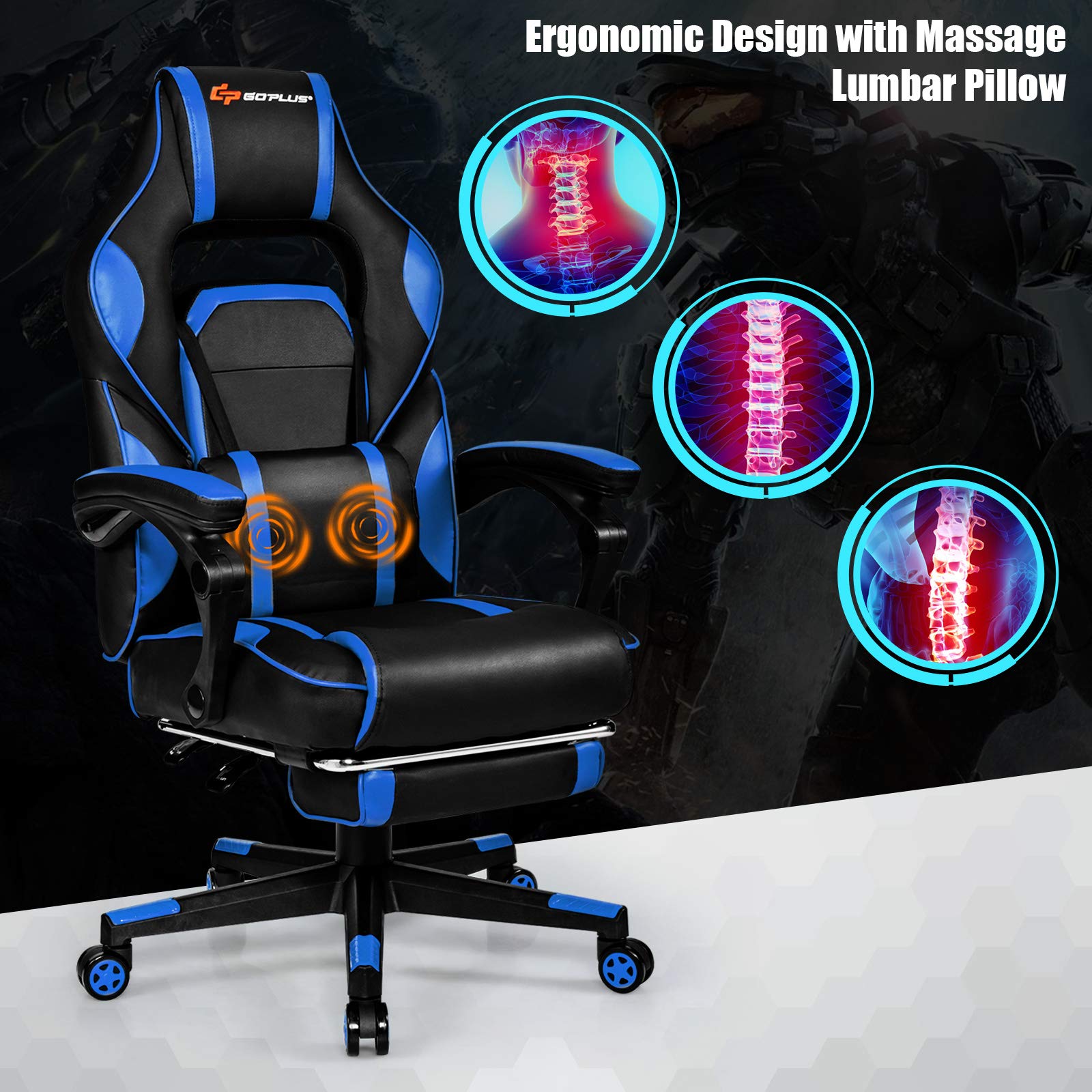 Goplus Massage Gaming Chair, Reclining Backrest, Seat Height Adjustment Racing Computer Office Chair with Footrest, Ergonomic High Back PU Swivel Game Chair (Blue)