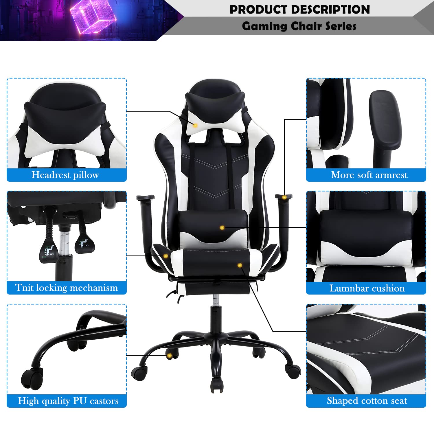 PC Gaming Chair Computer Chair Office Gaming Chairs for Adults, Gamer Chair Racer Gaming Chair PU Leather Recliner w/Lumbar Support, Cheap Gaming Chair for Kids or Adults