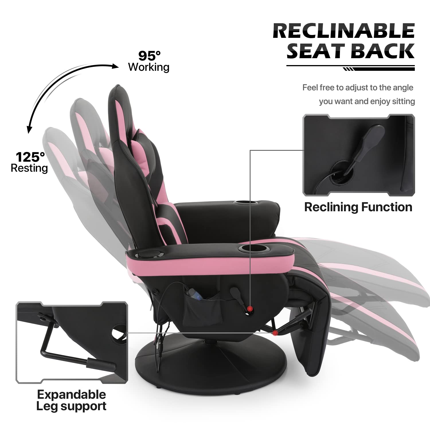 MoNiBloom Massage Gaming Recliner Chair with 2 Speakers, Ergonomic Lumbar Neck Support and Widened Armrests with Built-in Cup Holders, Tilt & Swivel Comfortable Gaming Chair for Adult Teen, Pink