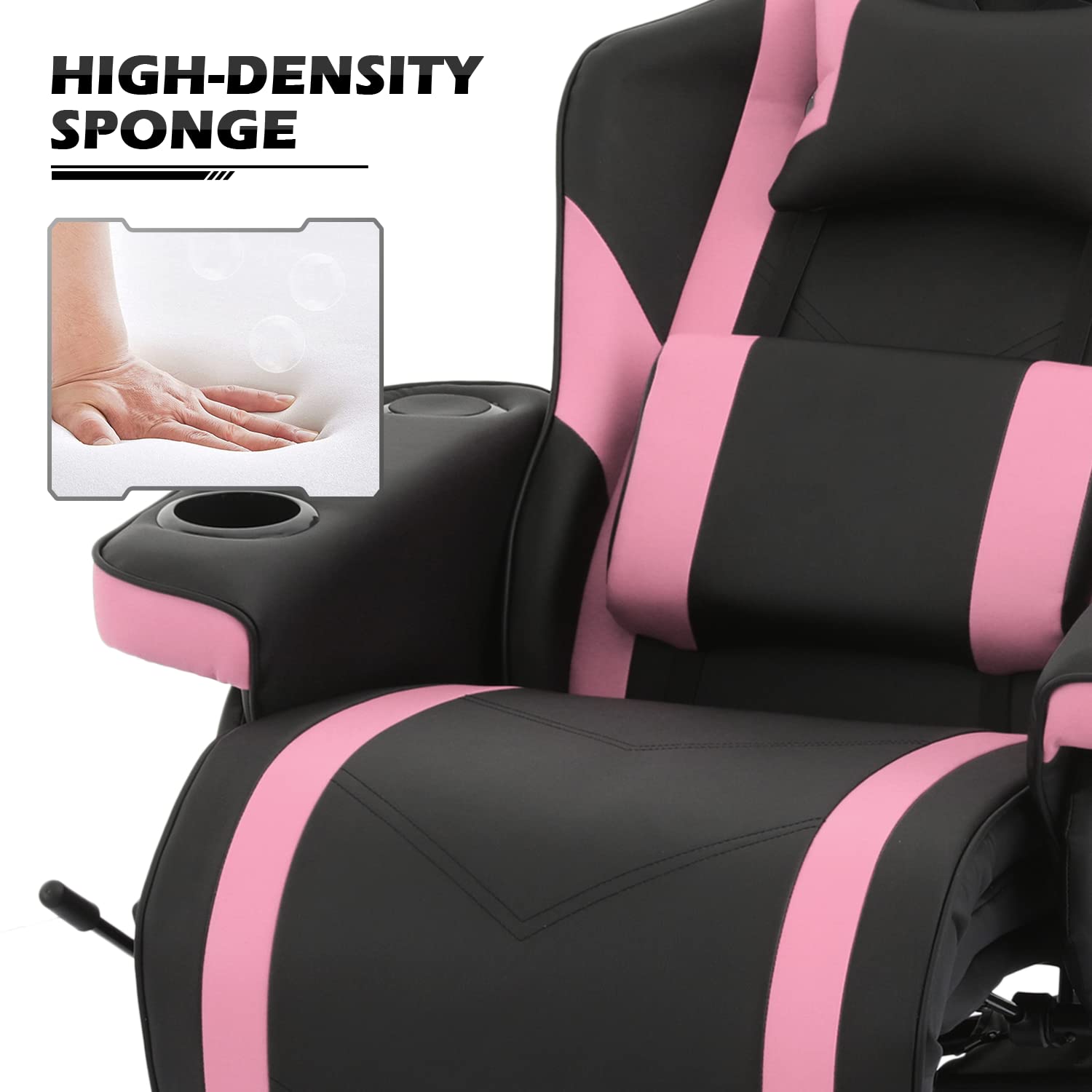 MoNiBloom Massage Gaming Recliner Chair with 2 Speakers, Ergonomic Lumbar Neck Support and Widened Armrests with Built-in Cup Holders, Tilt & Swivel Comfortable Gaming Chair for Adult Teen, Pink