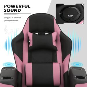 MoNiBloom Massage Gaming Recliner Chair with 2 Speakers, Ergonomic Lumbar Neck Support and Widened Armrests with Built-in Cup Holders, Tilt & Swivel Comfortable Gaming Chair for Adult Teen, Pink