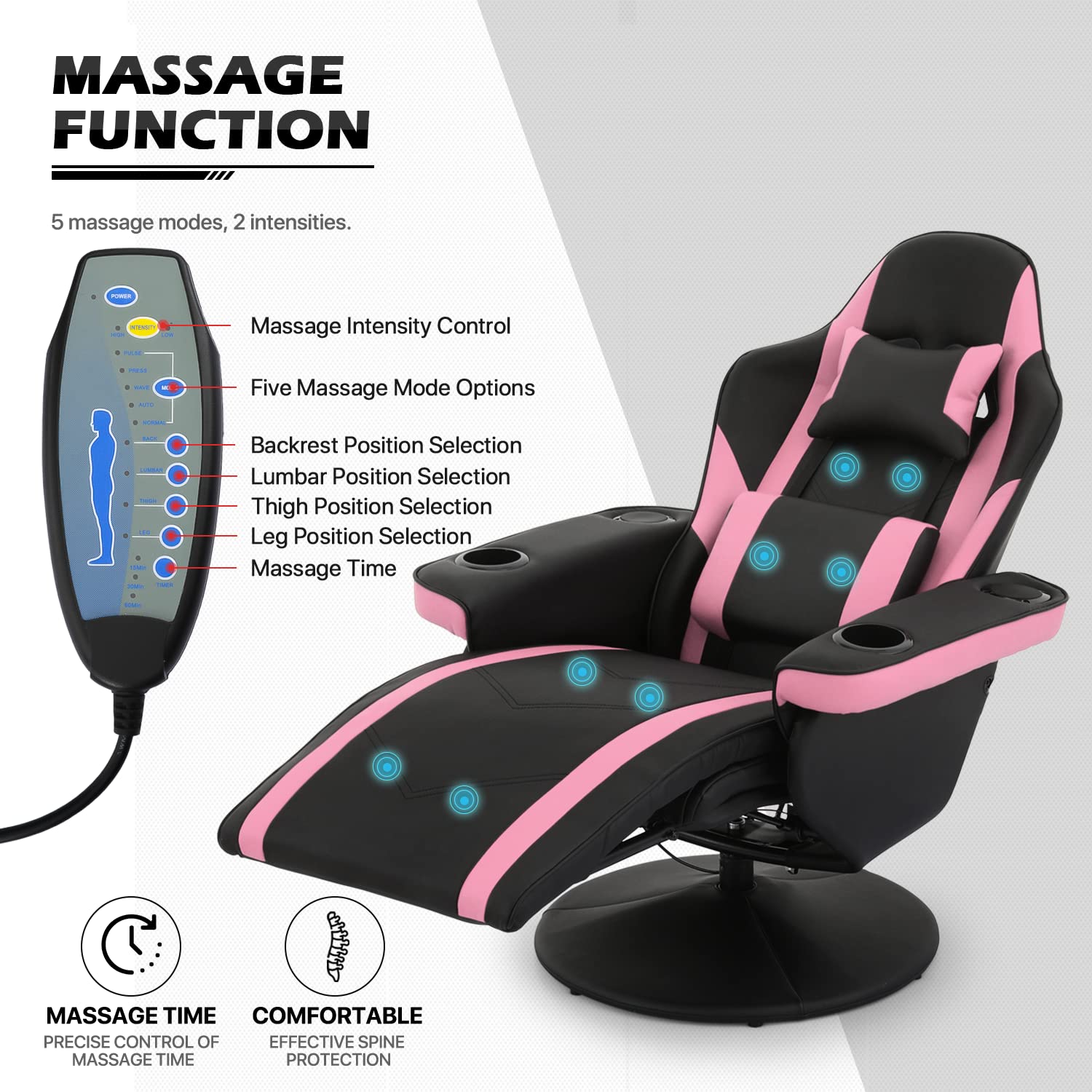 MoNiBloom Massage Gaming Recliner Chair with 2 Speakers, Ergonomic Lumbar Neck Support and Widened Armrests with Built-in Cup Holders, Tilt & Swivel Comfortable Gaming Chair for Adult Teen, Pink