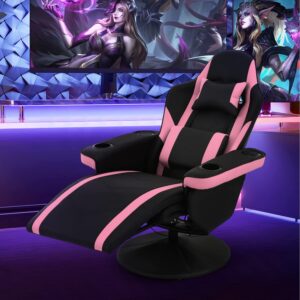 MoNiBloom Massage Gaming Recliner Chair with 2 Speakers, Ergonomic Lumbar Neck Support and Widened Armrests with Built-in Cup Holders, Tilt & Swivel Comfortable Gaming Chair for Adult Teen, Pink