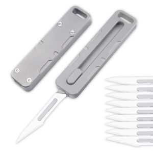 ainhue a275 mini retractable utility box cutter knife, 10pcs 11# scalpel blades, 2.75 inches tc4 titanium handle, small little pocket edc cutting tool keychain knives