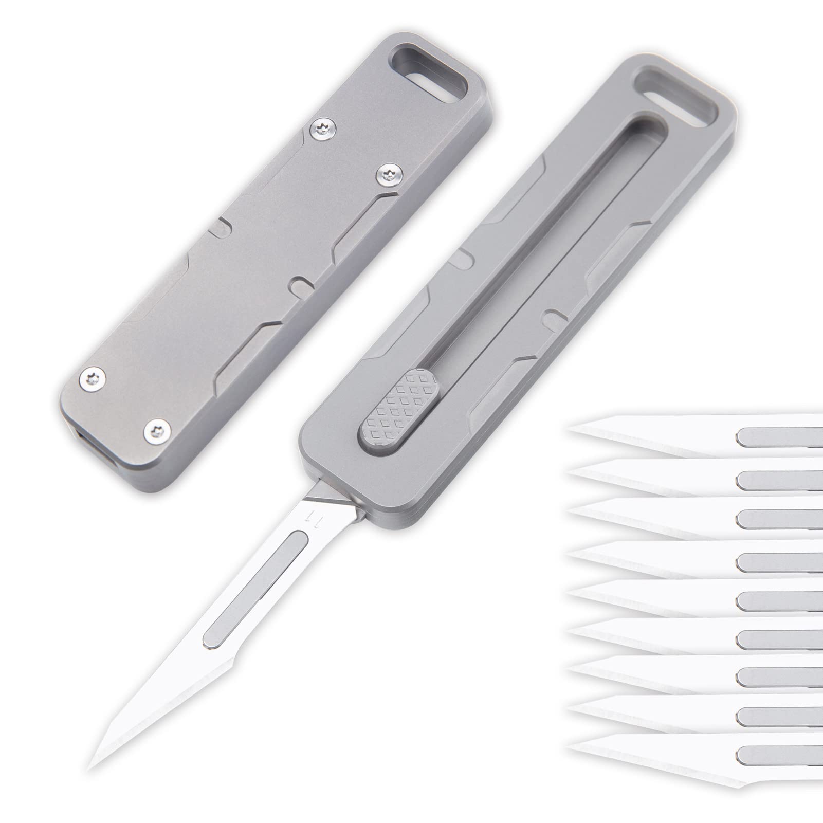 ainhue A275 Mini Retractable Utility Box Cutter Knife, 10pcs 11# Scalpel Blades, 2.75 inches TC4 Titanium Handle, Small Little Pocket EDC Cutting Tool Keychain Knives