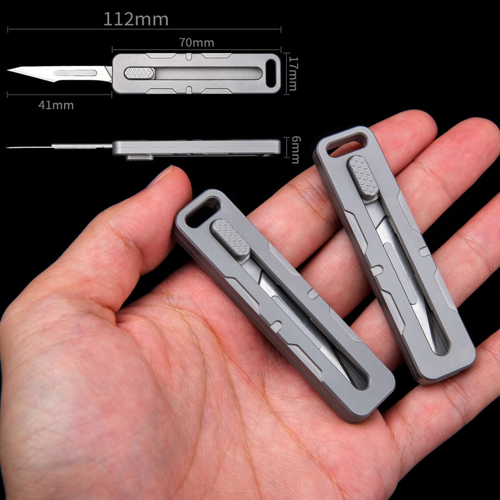 ainhue A275 Mini Retractable Utility Box Cutter Knife, 10pcs 11# Scalpel Blades, 2.75 inches TC4 Titanium Handle, Small Little Pocket EDC Cutting Tool Keychain Knives