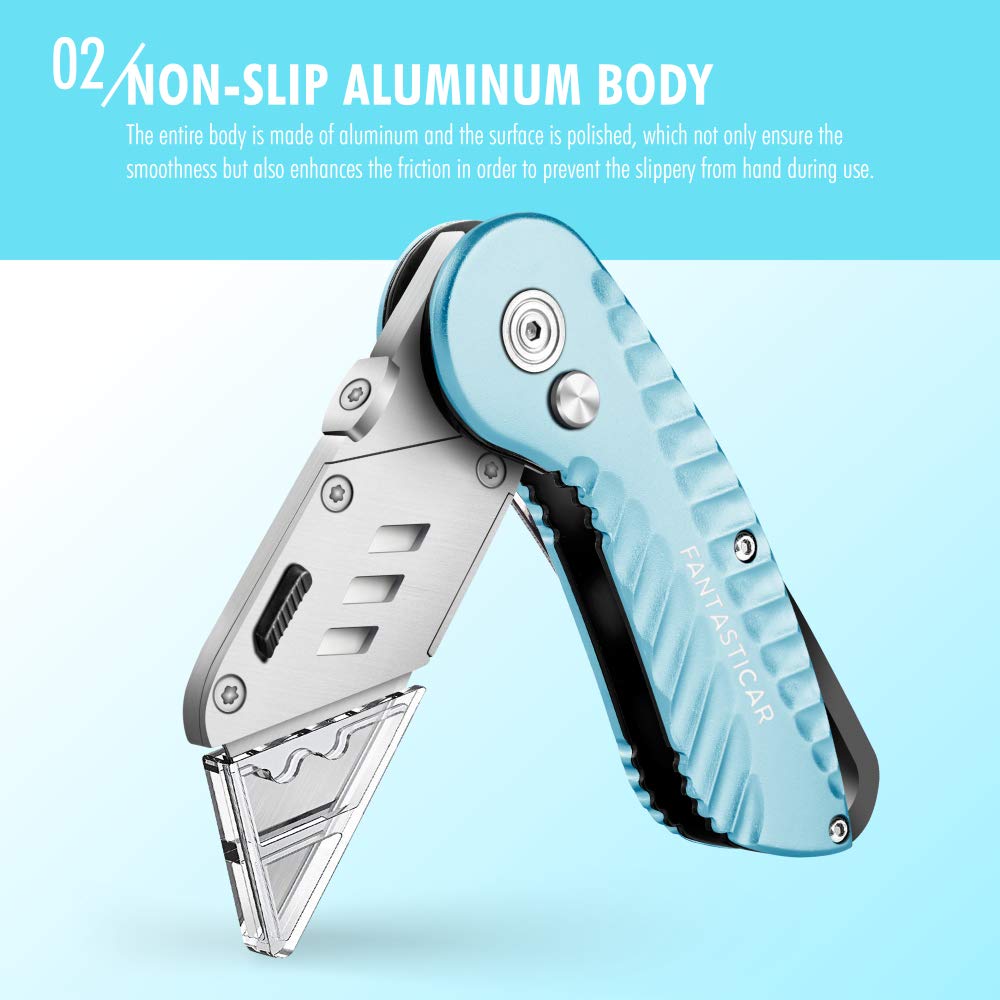 FantastiCAR Folding Utility Knife Gift Box Cutter Plume Type Metal Body, with 5-Piece Extra Blades (Sky Blue)