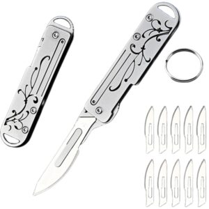 szhoworld folding scalpel knife, pocket knife for men, small keychain knife, slim folding razor knives with 10pcs #24 replaceable blades, edc utility knife, surgical knives for outdoor skinning