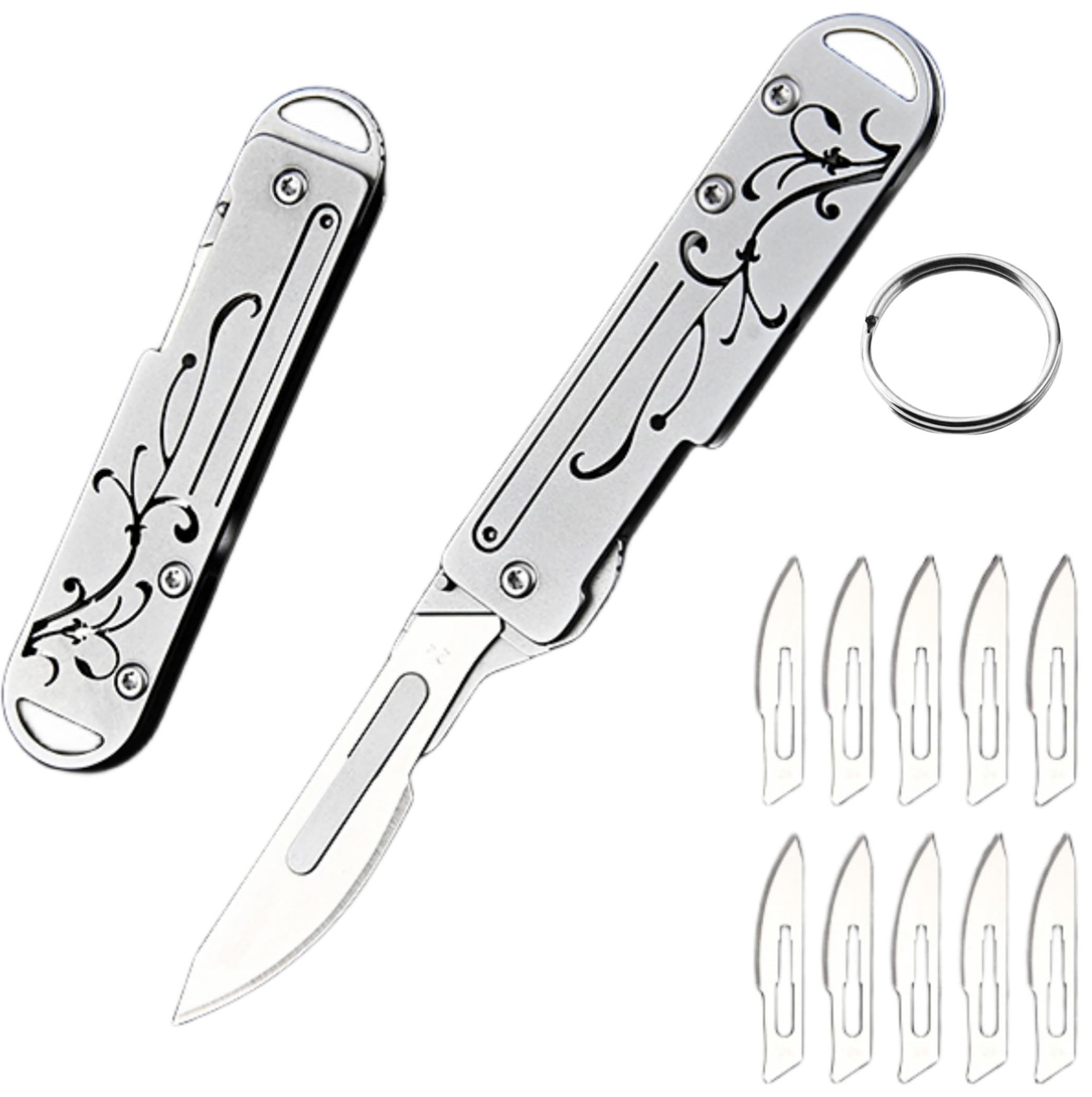 SZHOWORLD Folding Scalpel Knife, Pocket Knife for Men, Small Keychain Knife, Slim Folding Razor Knives with 10pcs #24 Replaceable Blades, EDC Utility knife, Surgical Knives for Outdoor Skinning