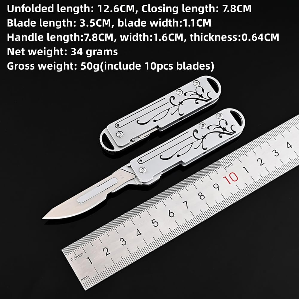 SZHOWORLD Folding Scalpel Knife, Pocket Knife for Men, Small Keychain Knife, Slim Folding Razor Knives with 10pcs #24 Replaceable Blades, EDC Utility knife, Surgical Knives for Outdoor Skinning