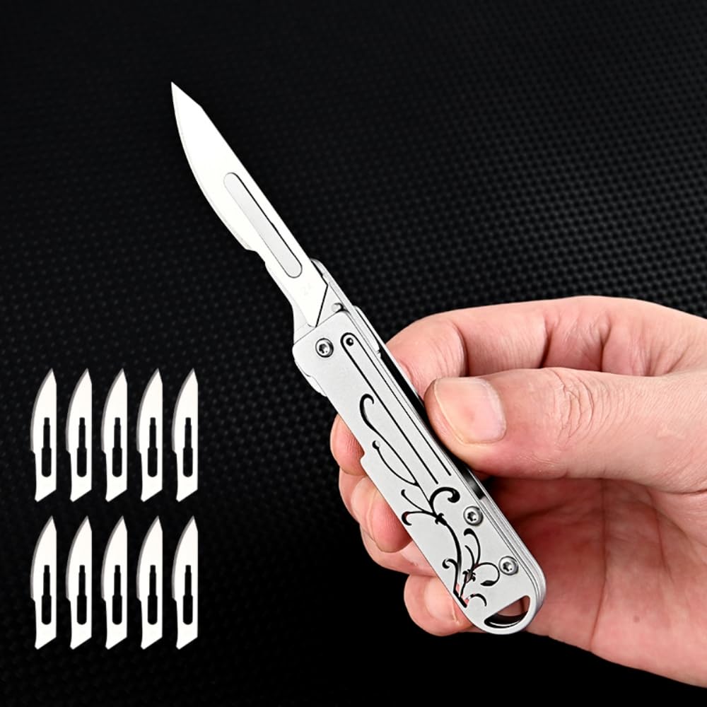 SZHOWORLD Folding Scalpel Knife, Pocket Knife for Men, Small Keychain Knife, Slim Folding Razor Knives with 10pcs #24 Replaceable Blades, EDC Utility knife, Surgical Knives for Outdoor Skinning