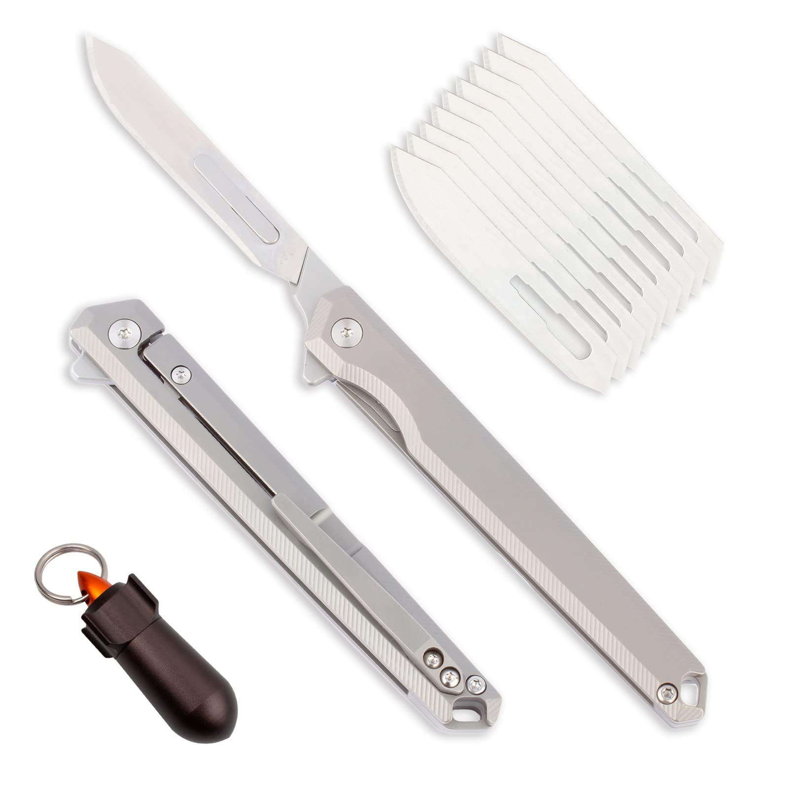 TENCHILON TS29 Small Slim Flipper #60 Blades Pocket Scalpel Knife, 4.2 inches TC4 Titanium Handle Pocket Clip, Insert Bar Frame Lock, Gentleman's EDC Knives with Waterproof Capsule