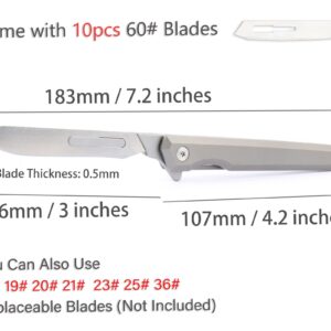 TENCHILON TS29 Small Slim Flipper #60 Blades Pocket Scalpel Knife, 4.2 inches TC4 Titanium Handle Pocket Clip, Insert Bar Frame Lock, Gentleman's EDC Knives with Waterproof Capsule