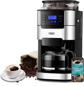 gevi 10-cup coffee maker with grinder, programmable grind & brew, 1.5l water reservoir, keep warm plate coffee machine and burr grinder combo