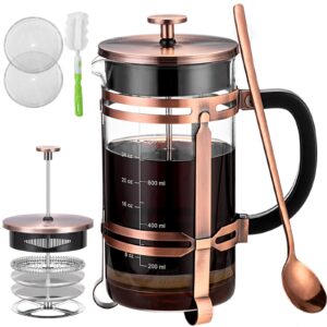 french press coffee maker (21 oz) with 4 filters - 304 durable stainless steel, heat resistant borosilicate glass coffee press, bpa free,brown