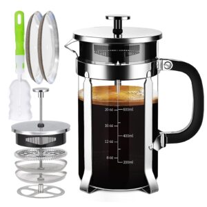 ymmind french press coffee maker 304 stainless steel coffee press,with 4 filters system, heat resistant thickness borosilicate french press glass, bpa-free brewed tea pot coffee plunger