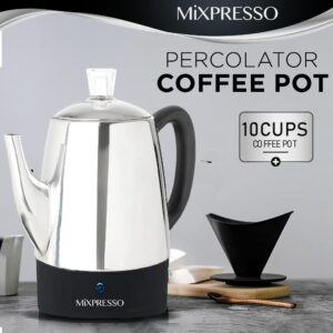 Mixpresso Percolator Coffee Pot Electric 10 Cup, Stainless Steel Coffee Maker, Coffee Percolator Electric With Keep Warm Function, 10 Cups Stainless Steel Percolator With Coffee Basket