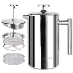 secura french press coffee maker, 304 grade stainless steel insulated coffee press with 2 extra screens, 17oz (0.5 litre), silver