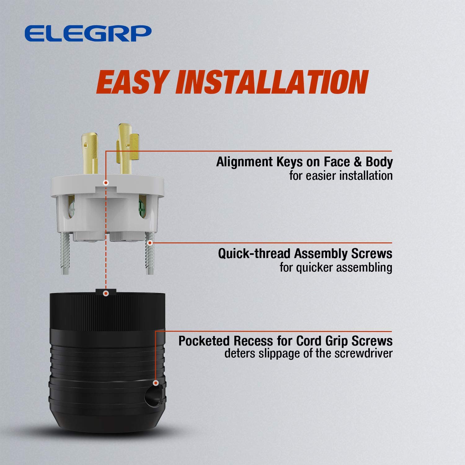 ELEGRP NEMA L14-30P Locking Plug, Generator Twist Lock Adapter Male Plug, 30 Amp 125/250V 3 Pole 4 Wire Grounding, Industrial Grade Heavy Duty, UL Listed (1 Pack, Black/White)