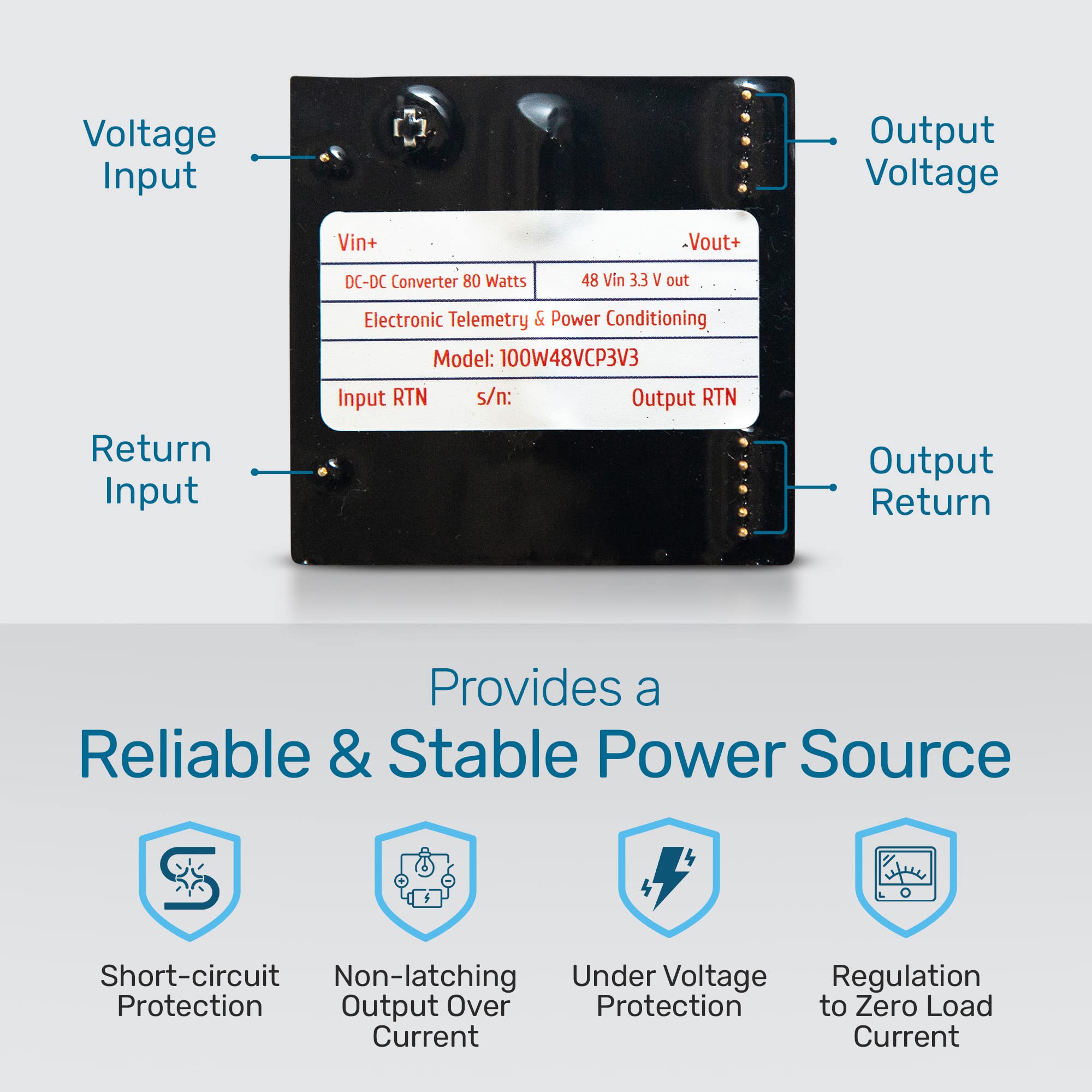 Telemetry - High-Efficiency DC-DC Isolated DC to DC Converter, 48V to 3.3V, 26A, Non-Latching, Overload Protection, High Reliability (2.8M Hours), Durable for Extreme Environments